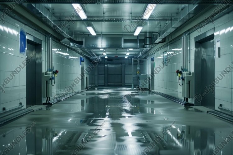 Empty industrial corridor reflecting light with wet floor