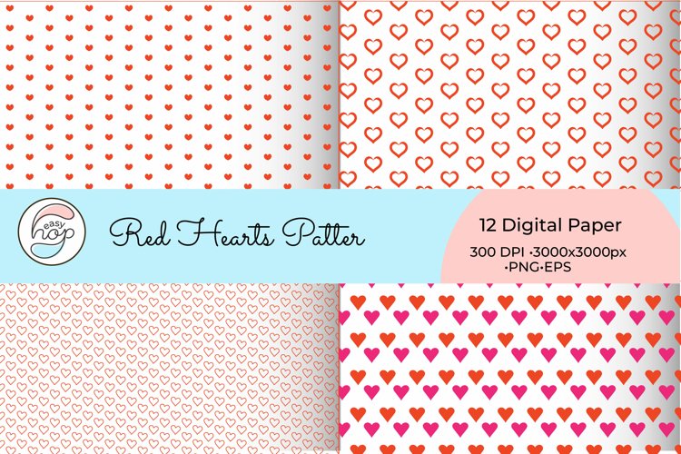 Red Hearts Digital Paper Background 12 Files for Personal an