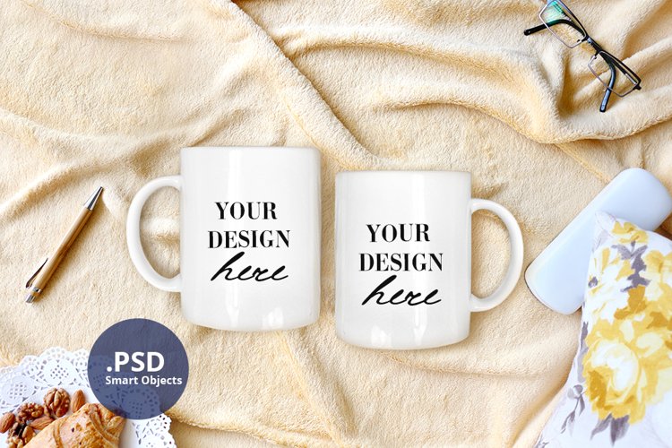 2 Two mugs mockup, Cozy home Double mug mockup, PSD mock up