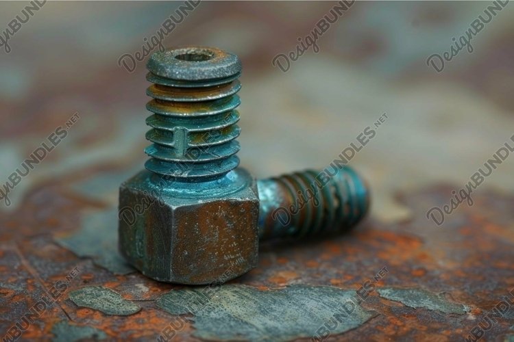 Rusty hex bolt with green coating resting on rusted metal su