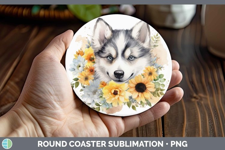 Watercolor Dogs. Husky Round Coaster Sublimation Coaster Des