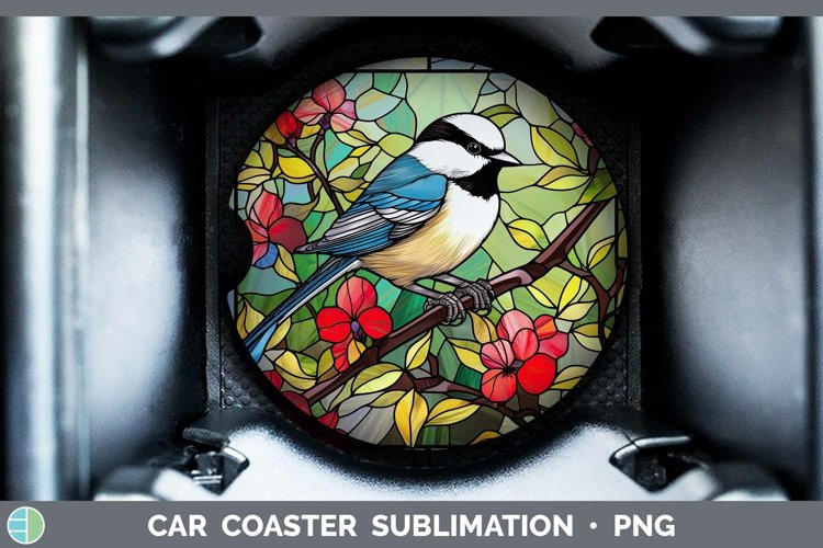 Stained Glass Chickadee Car Coaster Sublimation Coaster Desi