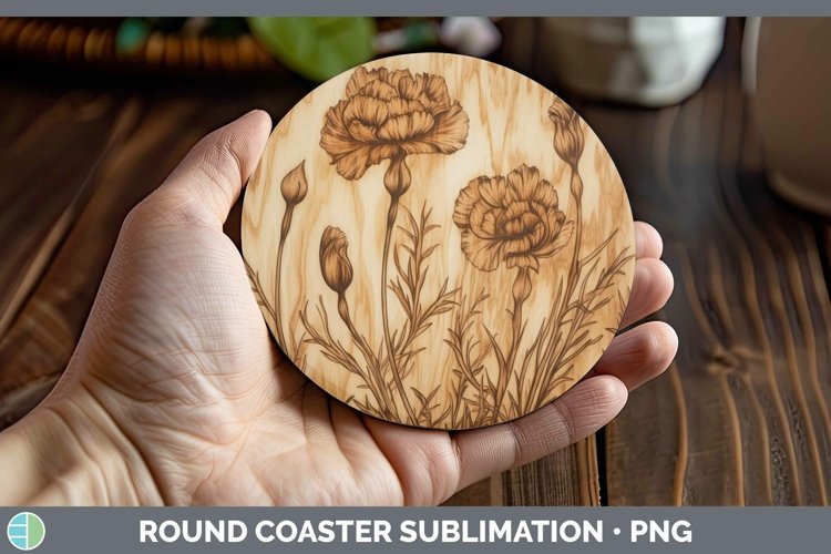 Wood Burned Flowers Carnation Round Coaster Sublimation Coas
