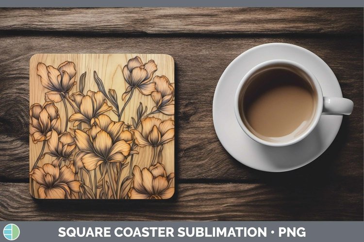 Wood Burned Flowers Freesia Square Coaster Sublimation Coast