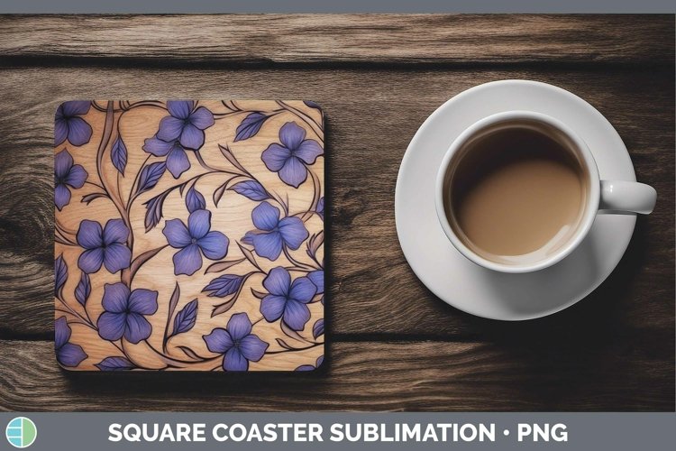 Wood Burned Flowers Periwinkle Square Coaster Sublimation Co