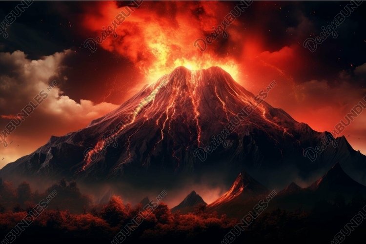 Dramatic image of an active volcano erupting under a fiery s
