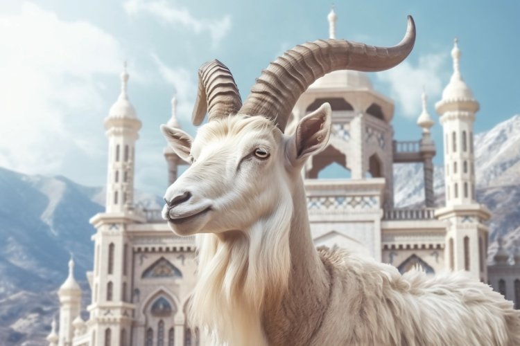 A goat in front of a Islamic mosque and mountains (3575411)