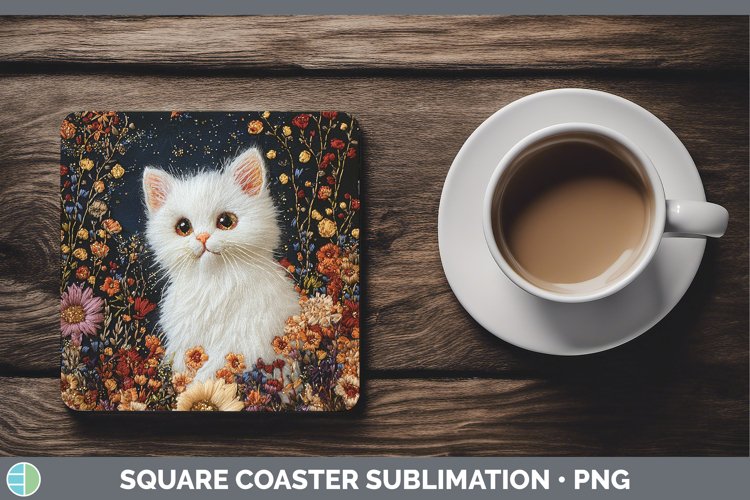 Embroidered White Cat Square Coaster Sublimation Coaster Des