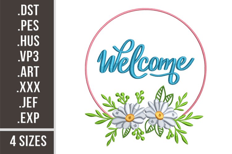 Welcome Round Floral Wreath | Embroidery Design