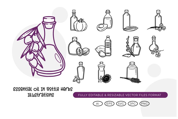 Essential Oil In Bottle Herbs Illustrations
