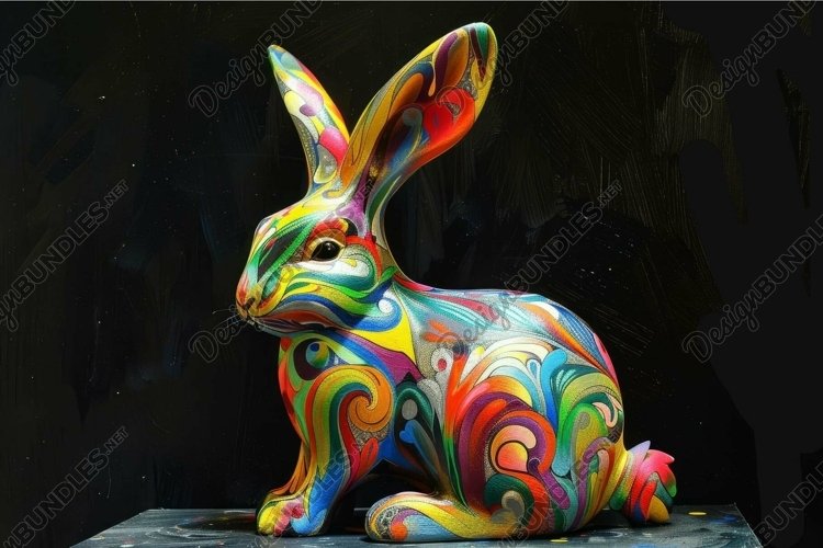 Vibrant sculpture of a rabbit with intricate patterns agains