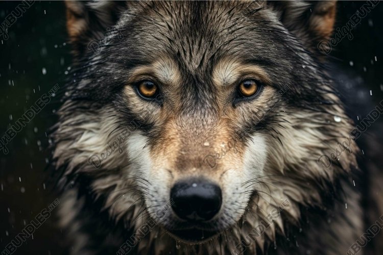 Intense wolf gaze in falling snow