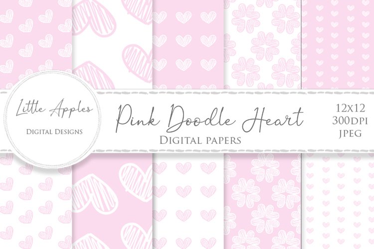 Hand drawn heart doodle Digital Papers pink and white