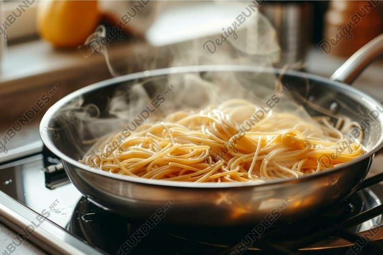 Steaming hot cooked spaghetti releasing steam in stainless s