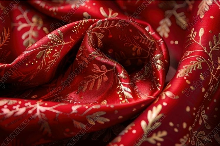 Elegant red satin fabric with golden patterns
