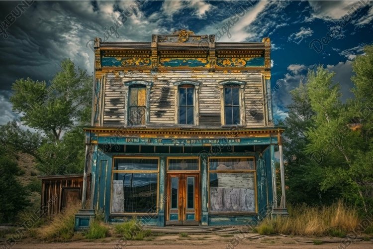 Decrepit vintage storefront under moody skies