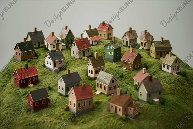 Miniature model suburban neighborhood on green terrain