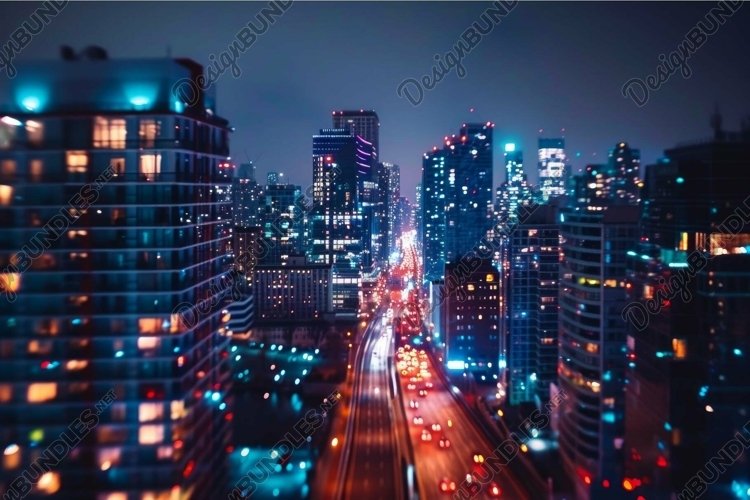 Vibrant nighttime cityscape with illuminated streets
