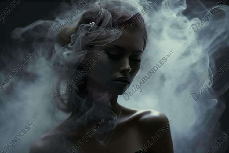 Artistic portrait of a woman shrouded in ethereal smoke with