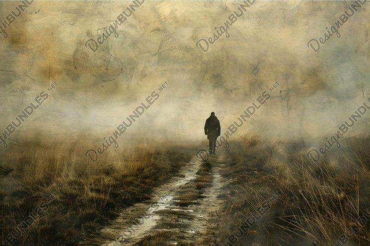 Solitary figure walking on a misty path