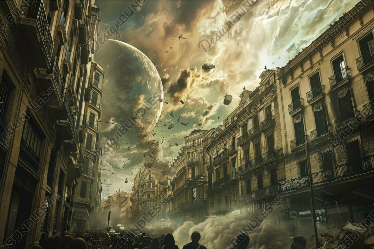 City street with people witnessing catastrophic events with