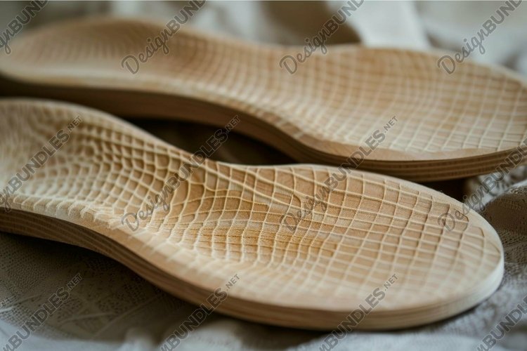Wooden insoles showing grid pattern lying on soft fabric