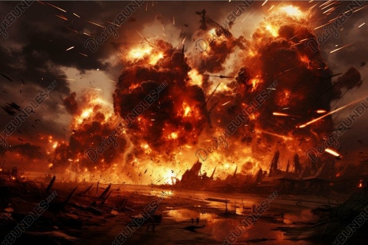 Dramatic artwork of a massive explosion in a desolate landsc