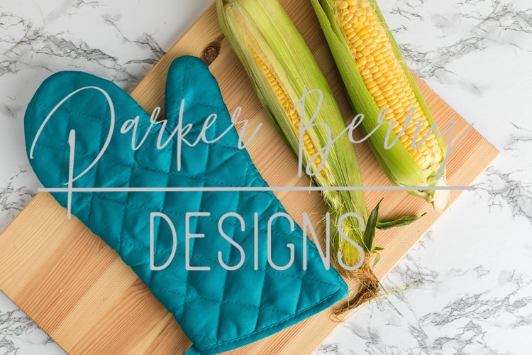 Teal Hot Glove, Hott Mitt, Mock up with corn