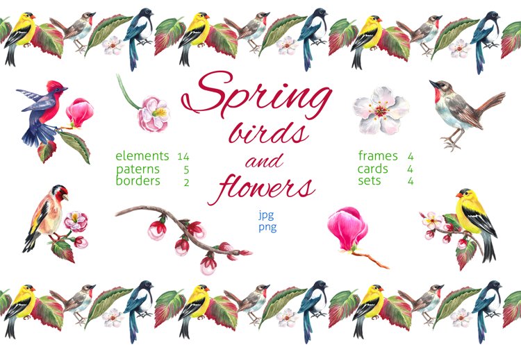 Watercolor spring birds and flowers. (1395399) | Illustrations | Design ...