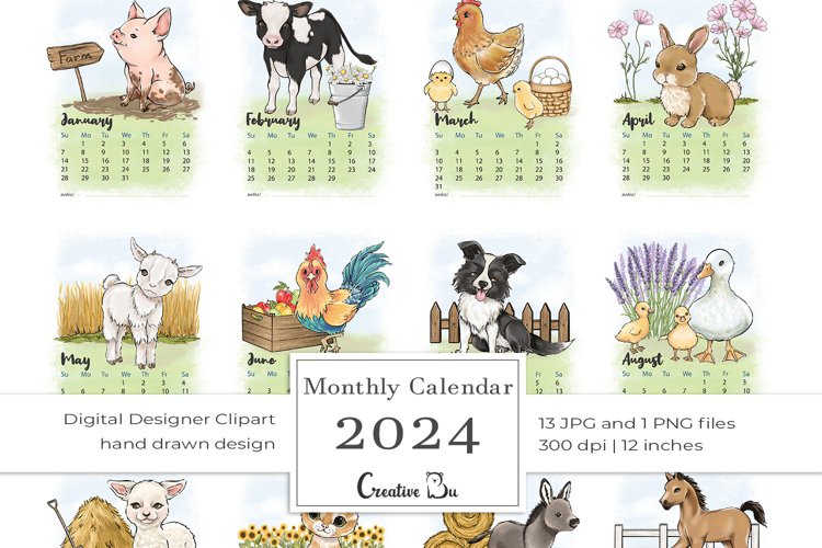 Farm Animals Printable Calendar 2024 Monthly Pages Planner