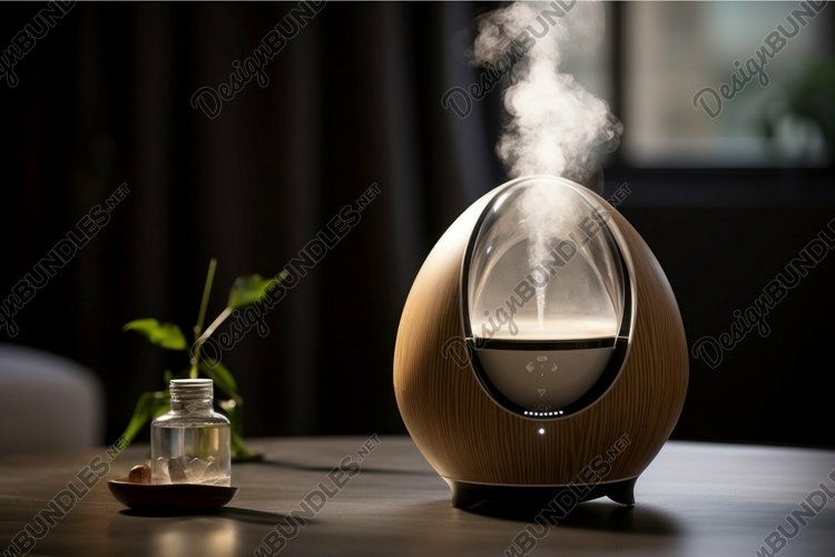 Modern humidifier emitting steam on wooden table