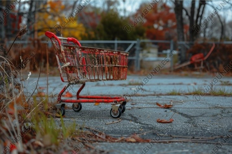 Rusty shopping cart sitting in an abandoned parking lot