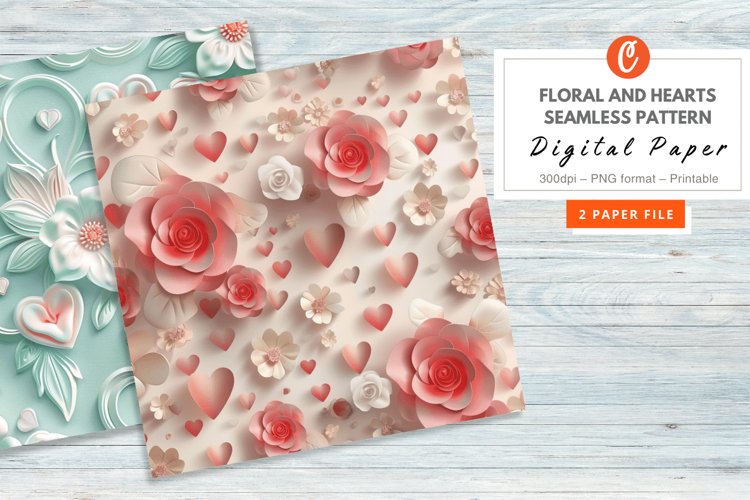 3D Floral and Hearts Seamless pattern Digital paper