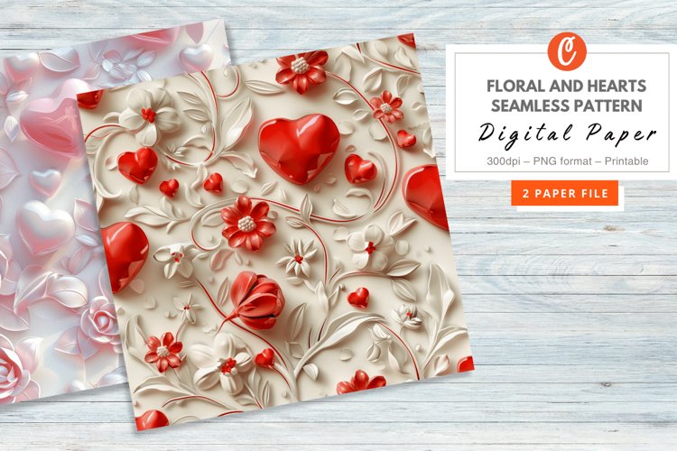 3D Floral and Hearts Seamless pattern Digital paper