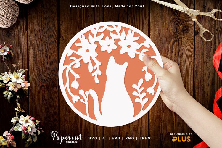 Papercut Cat Sitting Inside Floral Decoration with Leaves