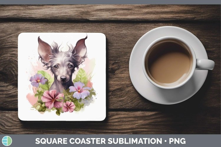 Floral Dog Hairless Chinese Crested Dog Square Coaster Subli