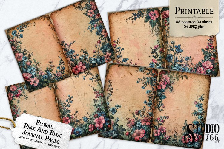 Floral Pink and Blue Junk Journal Pages