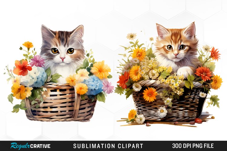 Watercolor Flower Cats PNG Set Clipart