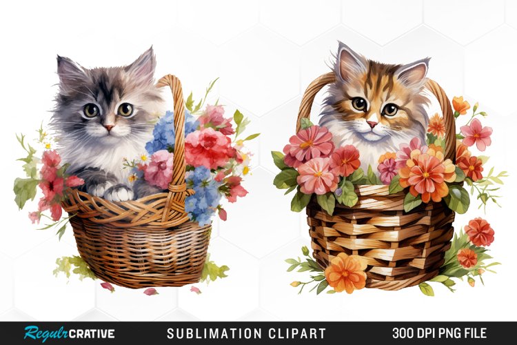 Watercolor Flower Cats PNG Set Clipart