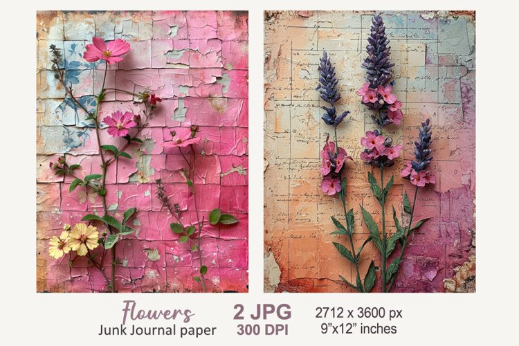 Flower Junk Journal, Flowers Digital Paper Floral background