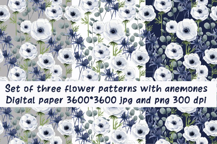Flower patterns with anemones. Digital paper