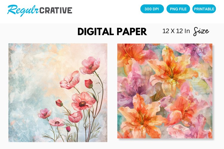 Watercolor Flower Digital Paper, Flower Background