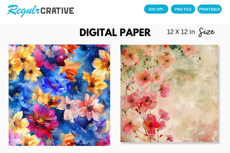 Watercolor Flower Digital Paper, Flower Background