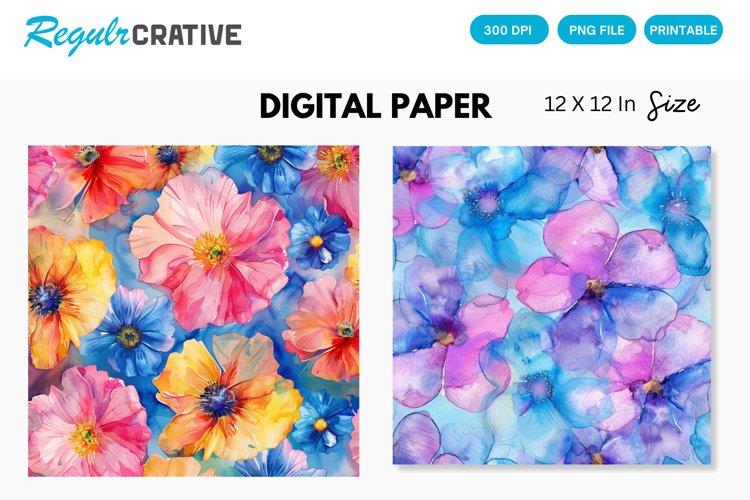 Watercolor Flower Digital Paper, Flower Background