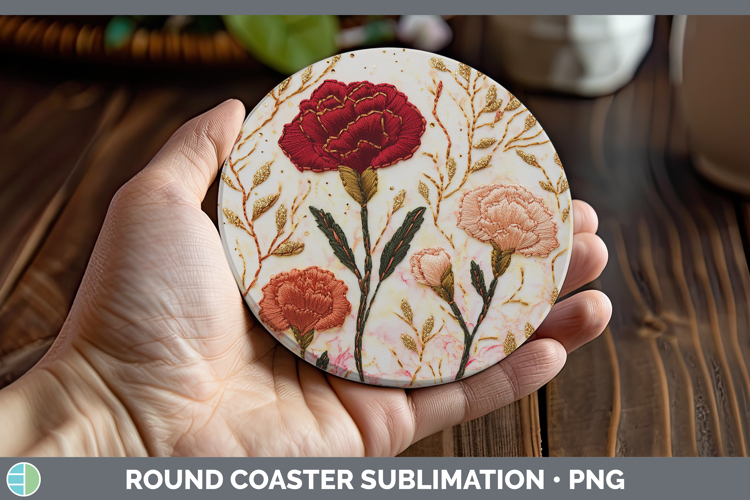 Flowers 01 Embroider Carnation Round Coaster Sublimation Coa