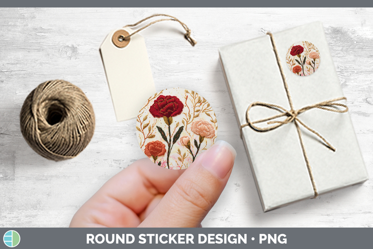 Flowers 01 Embroider Carnation Stickers | Round Labels Desig