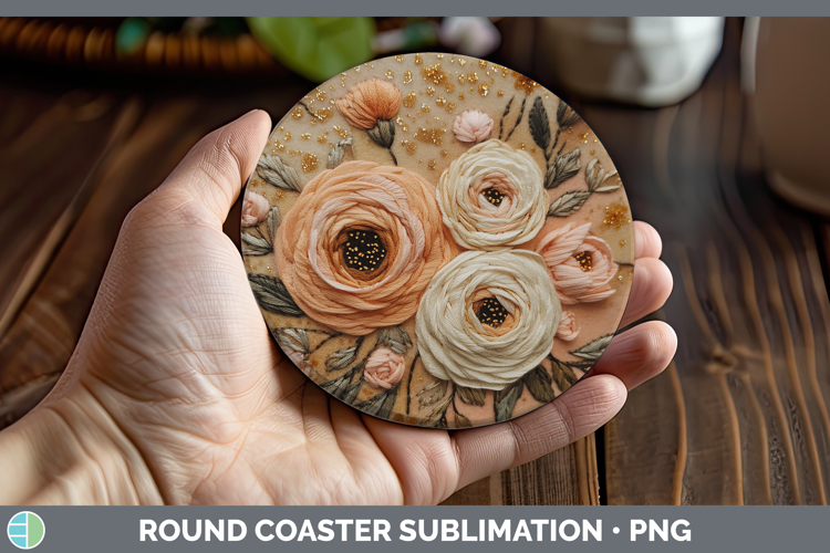 Flowers 01 Embroider Ranunculus Round Coaster Sublimation Co