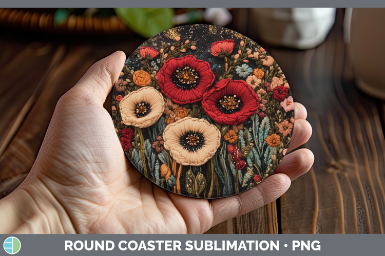 Flowers 02 Embroider Poppy Round Coaster Sublimation Coaster