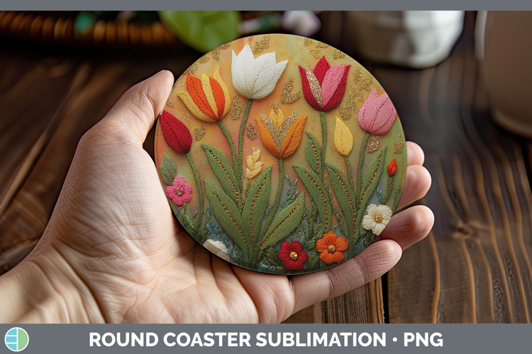 Flowers 02 Embroider Tulip Round Coaster Sublimation Coaster