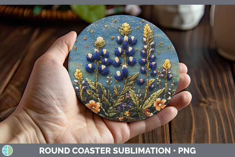 Flowers 03 Embroider Bluebonnet Round Coaster Sublimation Co
